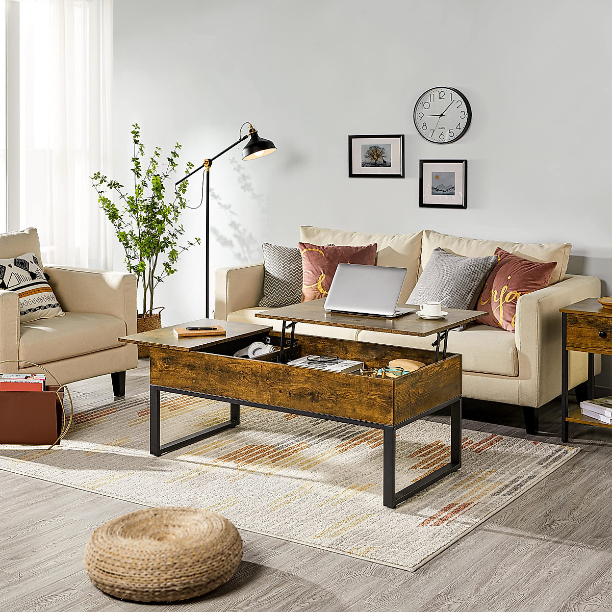 Yaheetech Lift Top Coffee Table with Storage, Industrial Coffee Table with Hidden Compartment & Lift Tabletop for Living Room, Rustic Brown