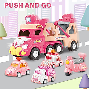 seveclotree 9 in 1 Carrier Truck Cars Toys for Girls Toddlers,Pink Princess Girl Car with Light and Sound,Toddler Girl Toys Age 1-2 2-4,Toys for 1 2 3 Year Old Girls Birthday for Baby Girl…