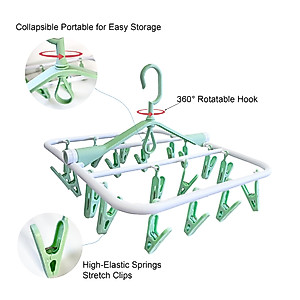 HAOYIJIA Foldable Clip Clothes Drying Racks, Drip Hanger Plastic with 20 Drying Clips 360° Rotatable Hook Laundry Clip for Drying Towels Bras Baby Clothes Gloves