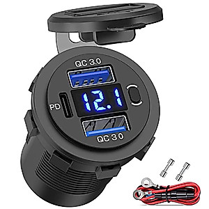 12V USB Outlet Qidoe Dual 18W Quick Charge 3.0 Port & 20W PD 12V USB C Car Charger Socket with Voltmeter and Power Switch, Waterproof Multiple Car USB Port Adapter for Car Boat Marine Truck Golf RV