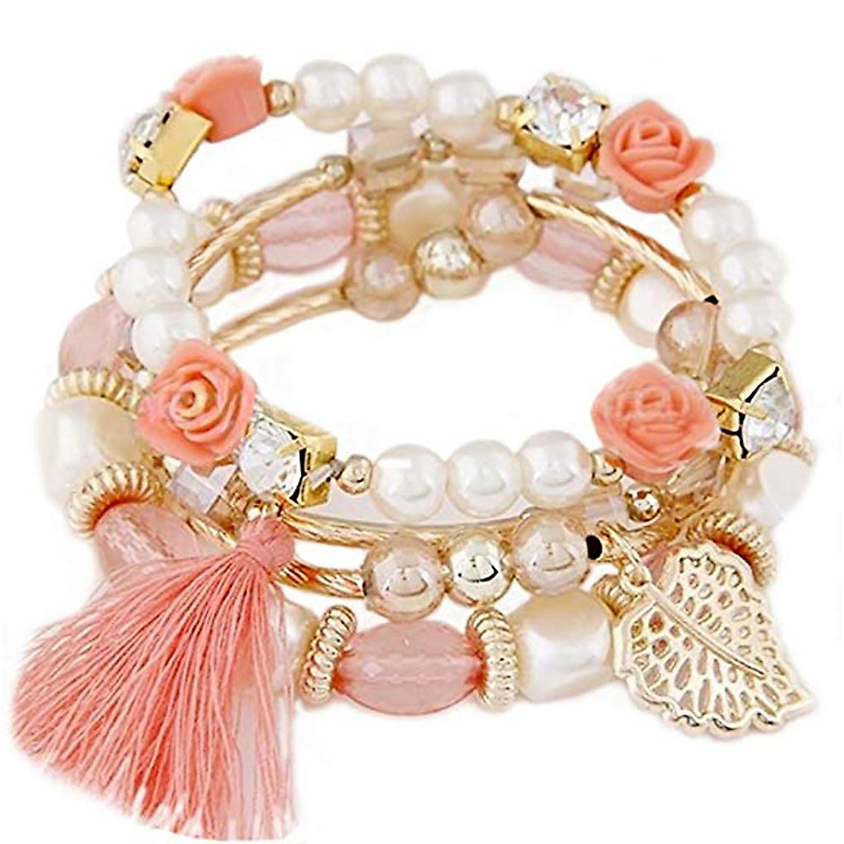 yunanwa 5 PACK Multilayer Bohemian Beaded Bangle Bracelet Crystal Charm Stretch Beach Stack-able Multi-color Boho Bracelets Jewelry Set