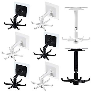 8 Pieces 360 Rotating Folding Hook Multipurpose Hanging Utensil Holder Hook 180 Degrees Vertical Flip Self Adhesive Hook Utensil Rack with 6 Hooks for Kitchen Bathroom Cabinet Towel, Black, White
