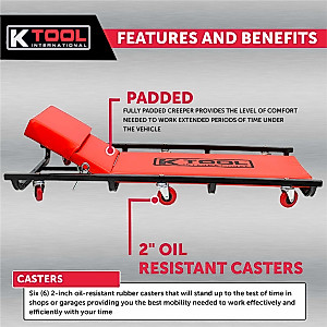 K Tool International 74961 40" Automotive Creeper with Adjustable Headrest for Garages, Repair Shops, and DIY, Fully Padded, (6) 2" Oil Resistant Rubber Castors, Heavy Duty Steel Frame, Red/Black