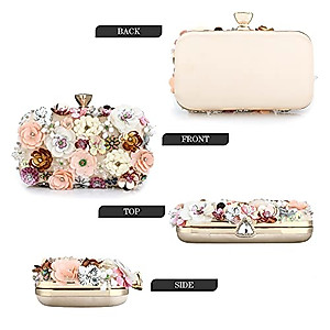 Women's Floral Evening Clutch Bag with Flower Metal Rhinestones for Women Wedding Prom Party 3D Sequins Evening Handbag (Apricot)