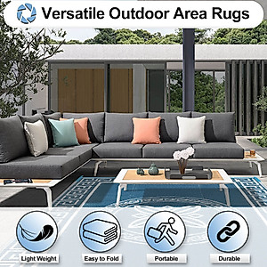 OutdoorLines Outdoor Reversible Rugs for Patio 9x12 ft - Plastic Area Rug, Stain & UV Resistant Portable RV Carpet, Plastic Straw Mats for Porch Deck and Camping Quatrefoil/Grayish Blue & White