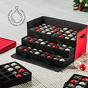 ZOBER Premium Large Christmas Ornament Storage Box, with Side Open, Drawer Style Trays - 3" Compartment, 8 Trays, Keeps 128 Holiday Ornaments & Xmas Accessories, Storage Container Made of 600D Oxford