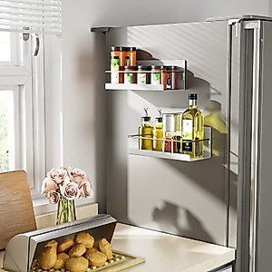 SZQINJI Magnetic Spice Rack Organizer Set of 2, Strong Magnetic Shelf for Refrigerator Space Saving Kitchen Organization, Metal Fridge Shelves for Holding Spices, Jars, Bottle, White