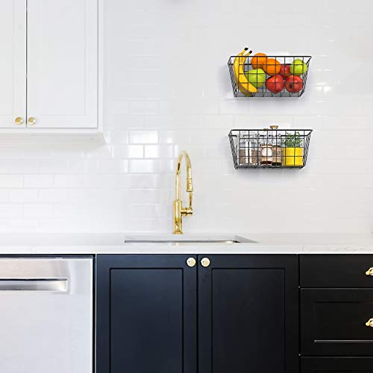 MaraFansie Hanging Kitchen Baskets Wire Storage Basket Adhesive Basket Over the Cabinet Door Organizer No Drilling, for Cabinet Pantry Organization and Kitchen, Bathroom, Storage, 2 Pack, Black