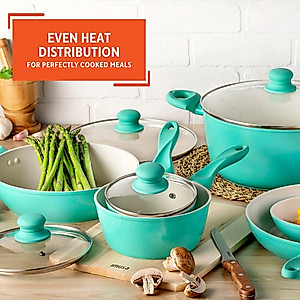 IMUSA USA 10pc Forged Nonstick white Interior Ceramic Teal Cookware Set