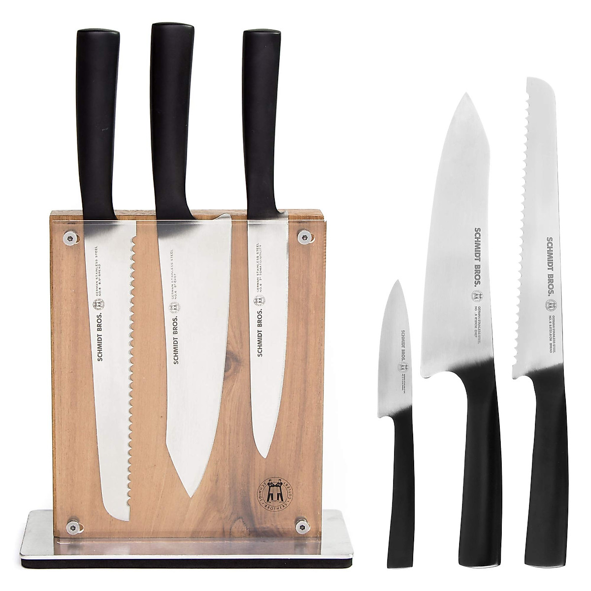 Schmidt Brothers - Carbon 6, 7-Piece Kitchen Knife Set, High-Carbon Stainless Steel Cutlery with Midtown Acacia and Acrylic Magnetic Knife Block