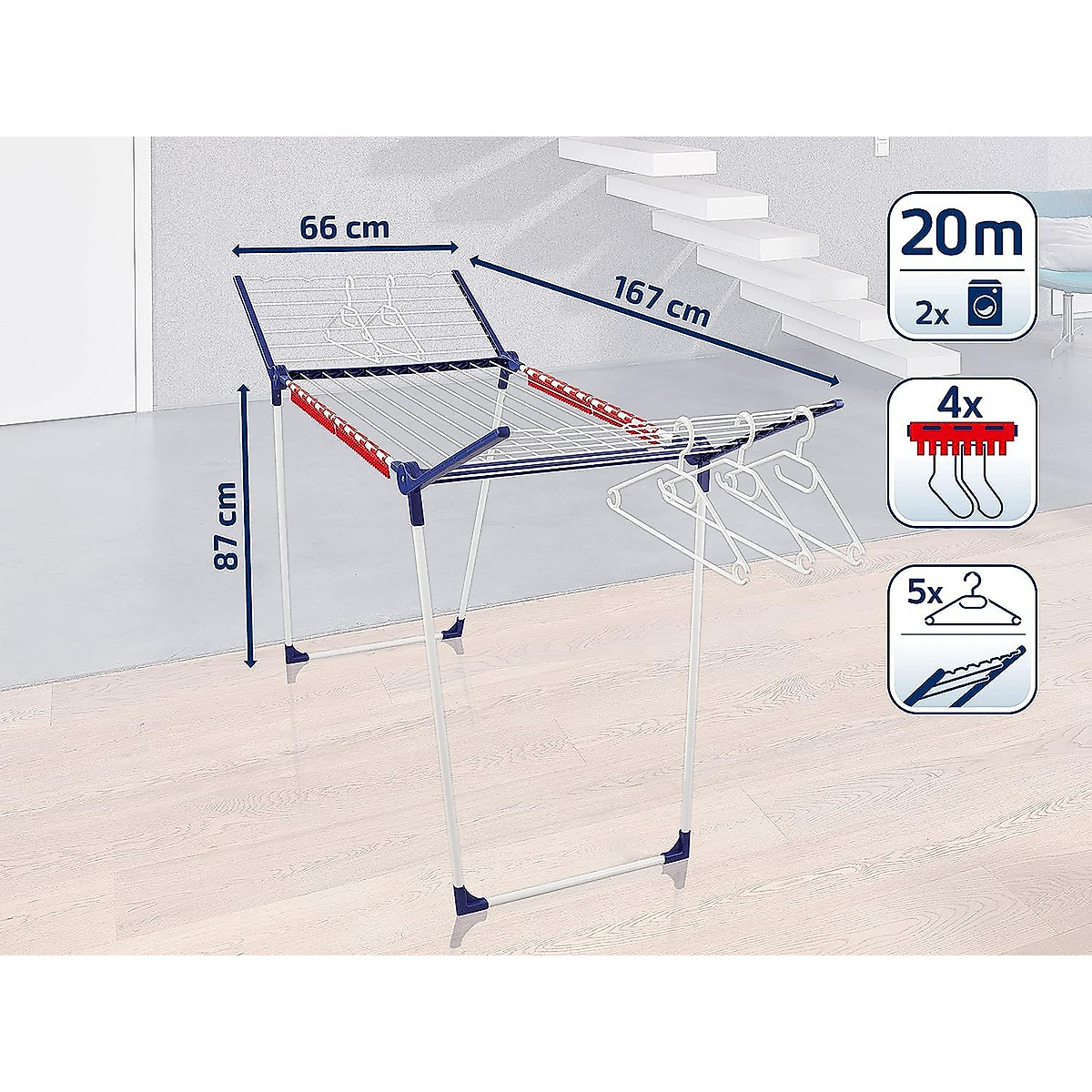 Leifheit Pegasus 200 Solid Standing Clothes Airer with Accessories, Folding Clothes Rack for Outdoor and Indoor, 20 m Clothes Horse with 4 Clips for Drying Small Items and 5 Hangers [Amazon Exclusive]