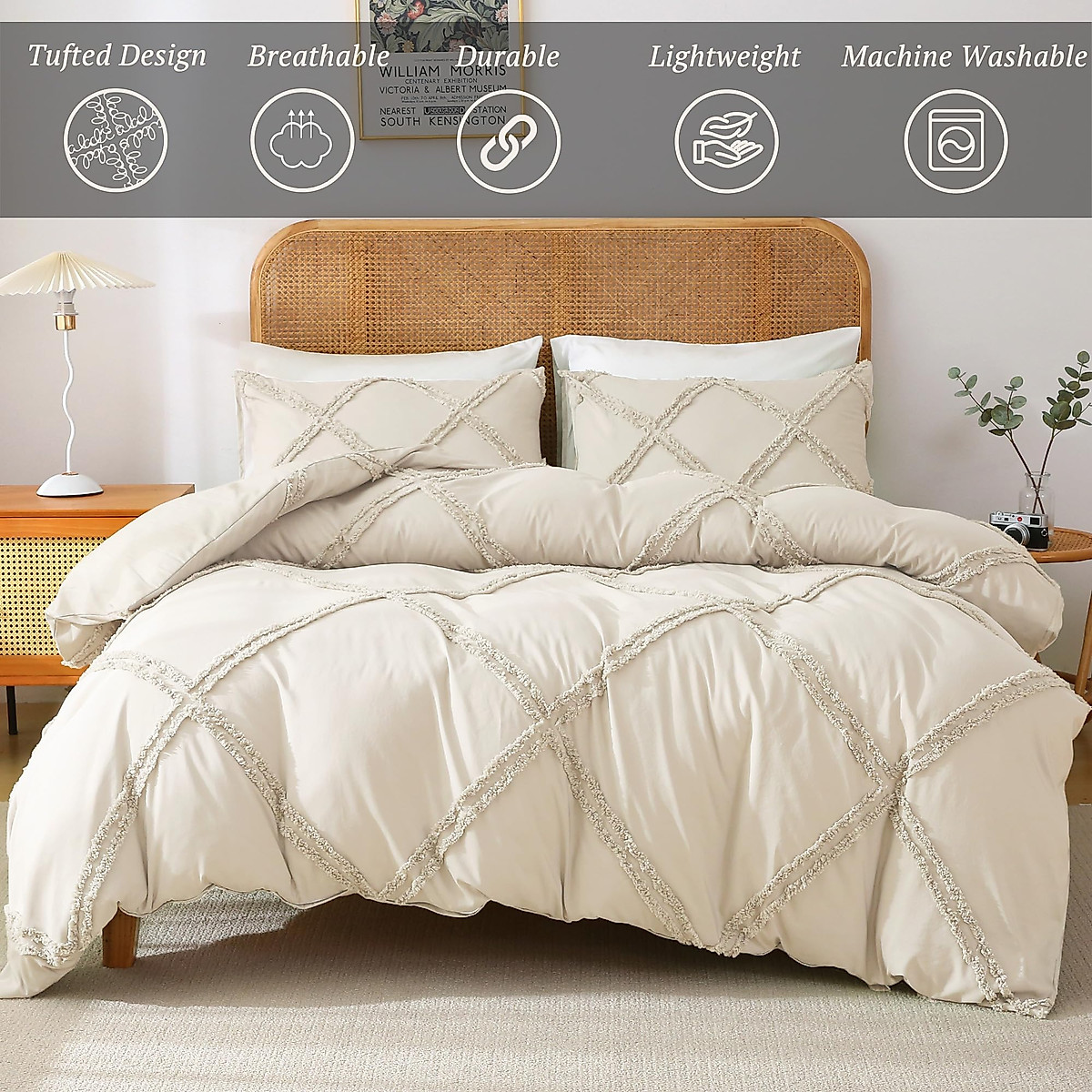 MILDLY Boho Duvet Cover Beige - Tufted Comforter Cover Set Geometric Textured Jacquard King Size Bedding Set with Corner Ties & Zipper Closure