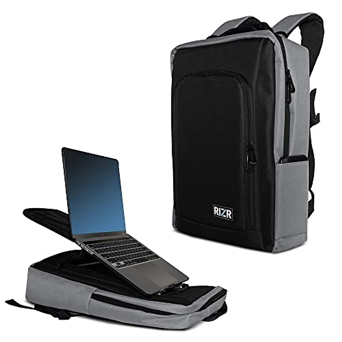 RIZR Commuter Backpack with Built-in Removable Laptop Riser. Premium Slim-Line Designed Computer Bag for Men and Women. Use for School or Work. Fits Up to 15.6 Inch Notebooks. Black and Gray.
