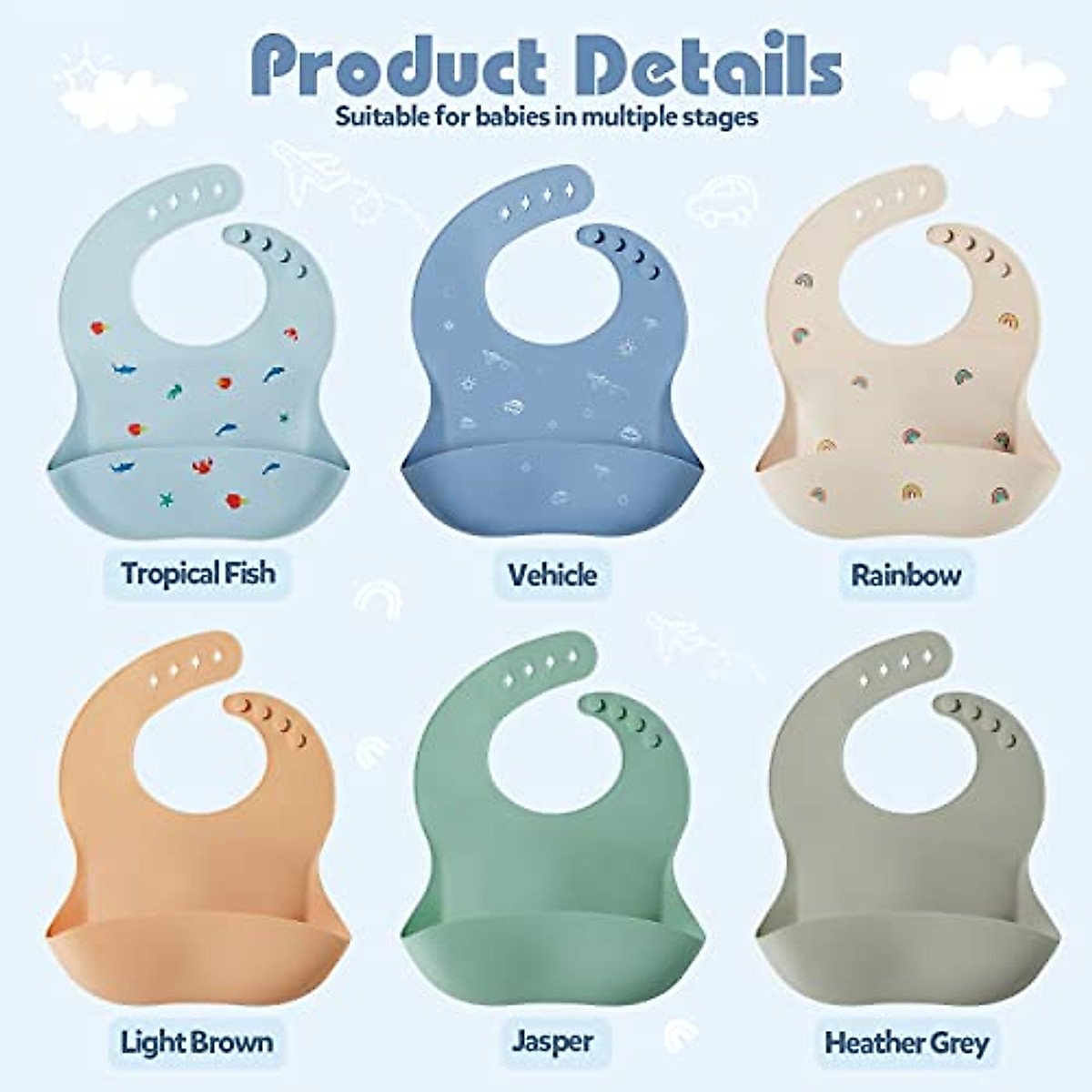 JaGely 6 Pcs Baby Silicone Bibs Soft Adjustable Fit Baby Bibs Waterproof Feeding Silicone Bibs with Food Catcher Pocket for Toddlers Girls Boys