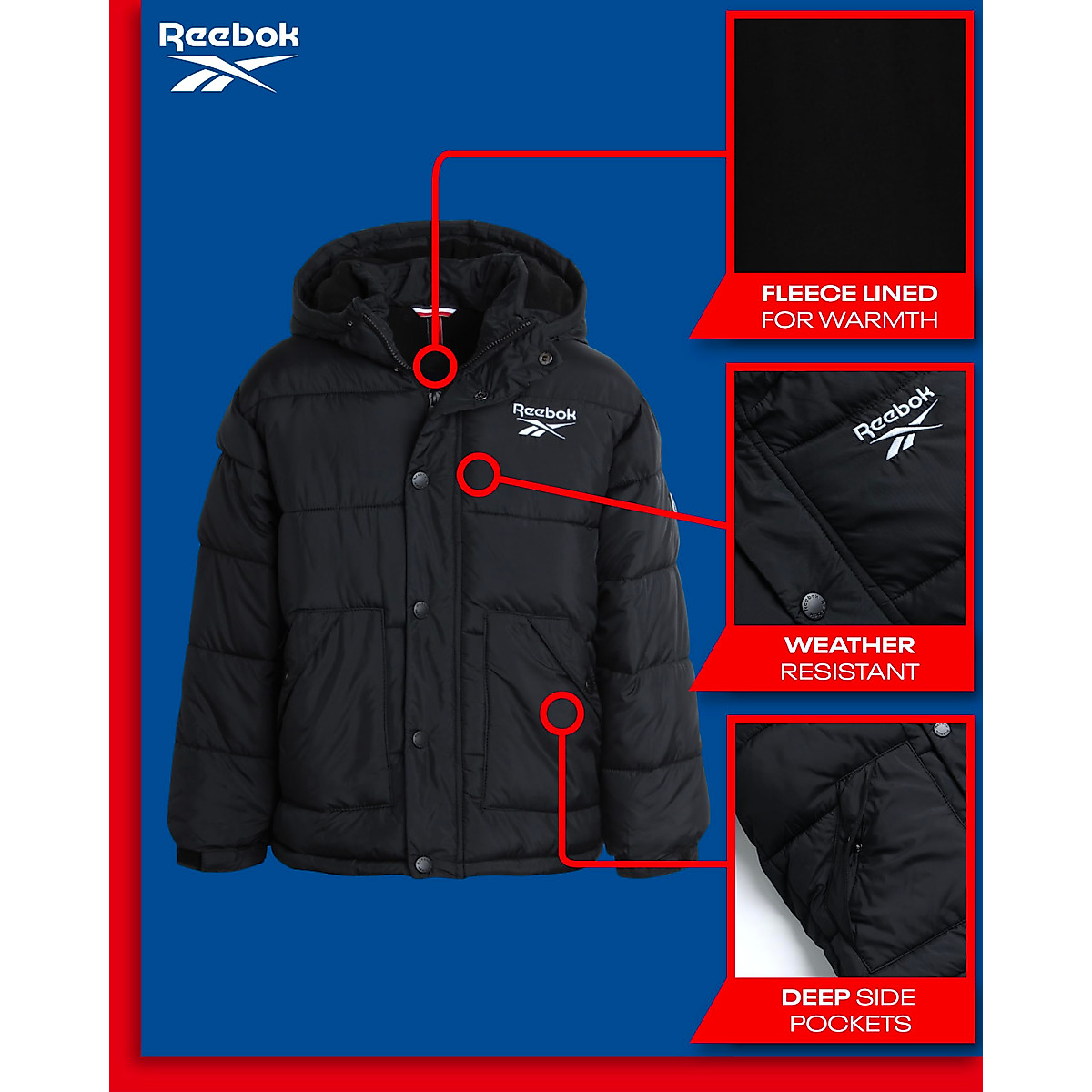Reebok Boys' Winter Coat - Heavyweight Quilted Puffer Snow Parka - Weather Resistant Ski Jacket for Boys (8-20), Size 14-16, Premium Black