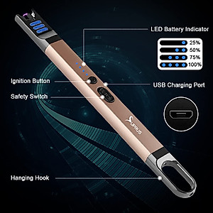 SUPRUS Candle Lighter Electric Arc Lighter Windproof Flameless USB Rechargeable Lighter with LED Light for Candle Camping BBQ Cooking (Champagne Gold)