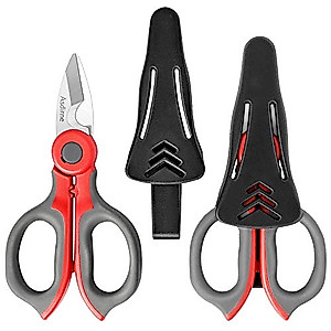 Asdirne 2 Pack Electrician Scissors, Heavy Duty Stainless Steel Sharp Blades and Soft Rubber Grip, Electrician Shears with Protective Cover, 6.1 Inch (Gray/Red)