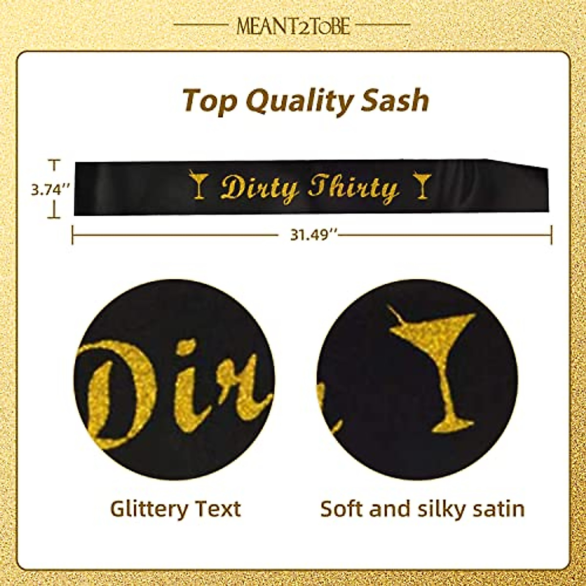 MEANT2TOBE 30th Birthday Sash & Tiara Set for Women - Dirty Thirty Glitter Sash - Stars Rhinestone Golden Tiara - Gift for 30th Celebration Decorations, and Accessories