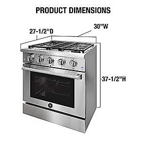 BRAMA Gas Range with 4 Burner Cooktop, Freestanding 30-Inch with Porcelain Convection Oven and Broil Function, Continuous Grates with Stainless Steel Construction, 4.2 Cu.Ft., Metallic