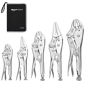 Amazon Basics 5-Piece CR-V Locking Pliers and Wire Cutters Set with Carrying Case, 2 Straight, 3 Curved Jaw, 6.5-10 Inch, Silver