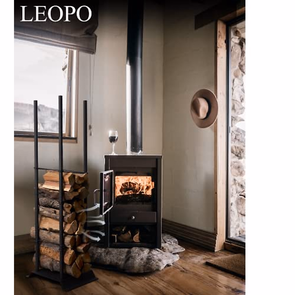 LEOPO Industrial Fireplace Log Holder Tower, Frame Indoor Outdoor Log Holder, Heavy Duty Wood Rack for Firewood