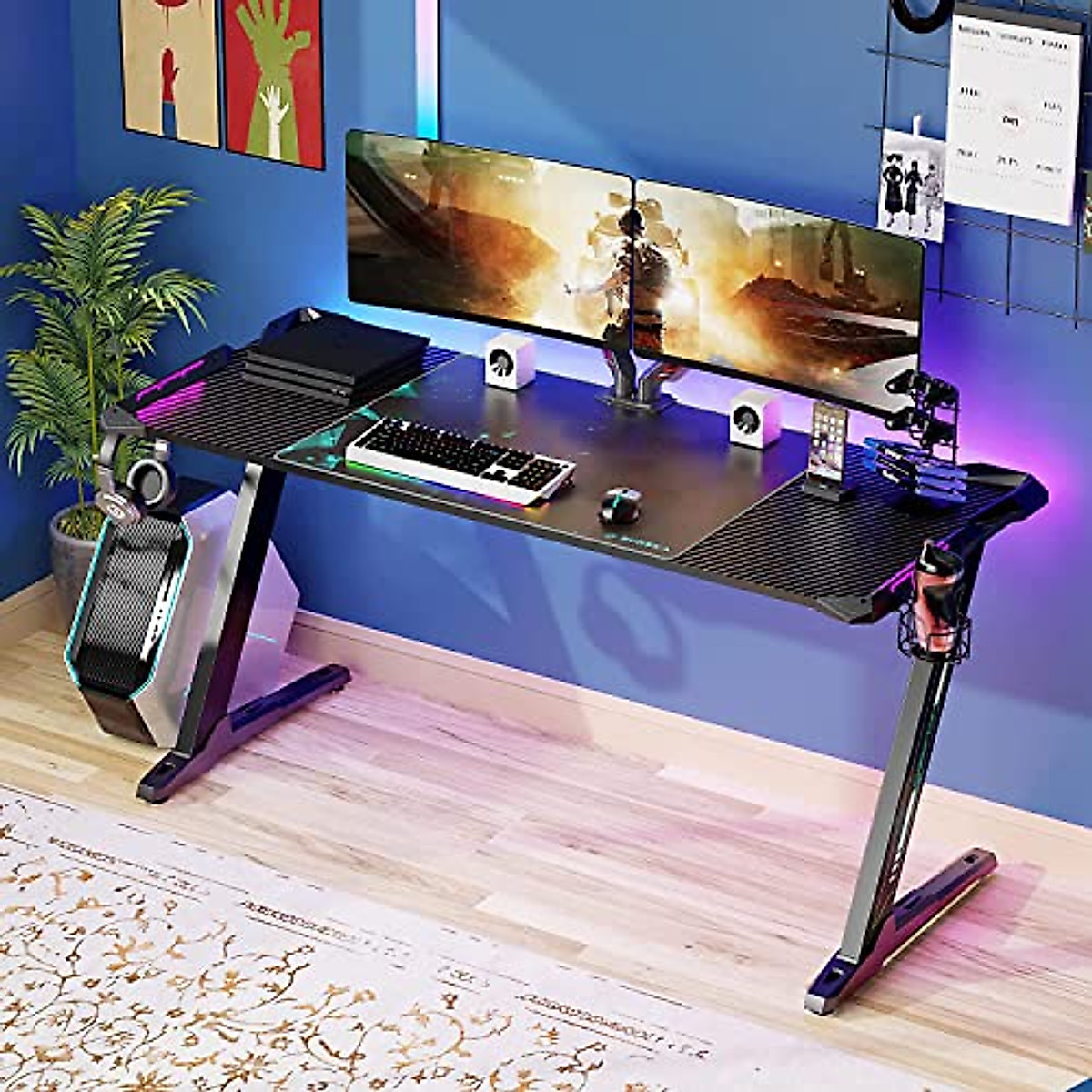 EUREKA ERGONOMIC Z60 Gaming Desk with Led Lights, 60 Inch Large RGB Gaming Computer Desk for Home Office Work Study Writing with Mouse Pad, Easy to Assemble, 24" Wide, Carbon Fiber Black