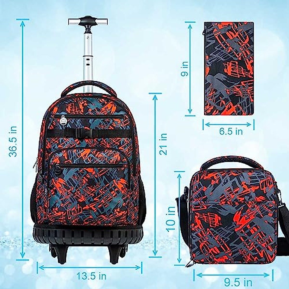 ZLYERT 3PCS Rolling Backpack for Boys, Travel Wheeled Backpacks for Adults, Teens College Roller Bookbag with Wheels for Men - Red