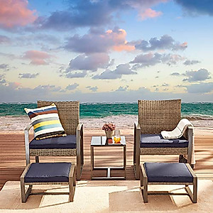 Festival Depot 5 Pieces Patio Outdoor Conversation Chairs Cushions Ottomans Set with Coffee Square Table Metal Frame Furniture Garden Bistro Seating Thick Soft Cushions (Blue)