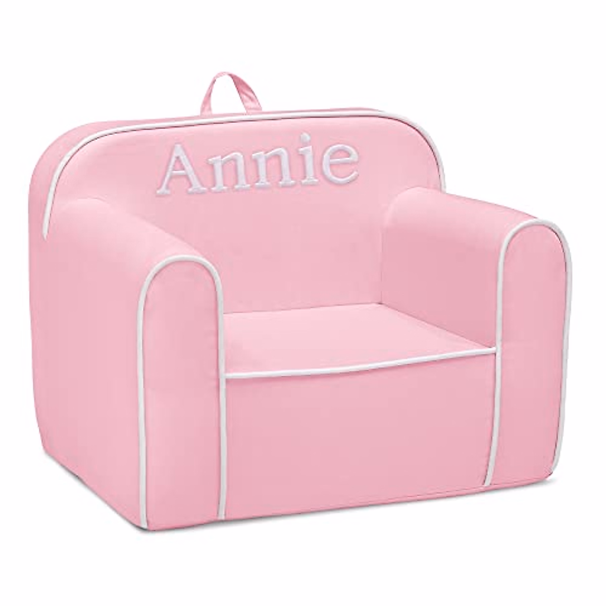 Delta Children Cozee Chair for Kids - 1 Seater Foam Toddler Couch can be Personalized with Name, Has Removable Cover for Easy Machine Washing (25x18x20.5 Inches, Pink and White)