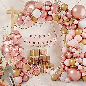 149Pcs Rose Gold Balloons Arch Kit, Pink Rose Gold White Cardioid Pentagram Flag Banner Balloon Garland for Women Girls Birthday Wedding Graduation Baby Shower Bridal Bachelorette Mother's Valentine's Day Party Decorations