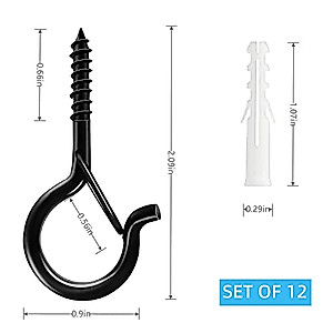 Screw Hooks for Hanging, 12 Packs Safety Buckle Design Q-Hanger for Outdoor String Lights, Outdoor Hooks for Hanging Plants Windproof Cup Hooks for Wind Chime and Baskets, Black