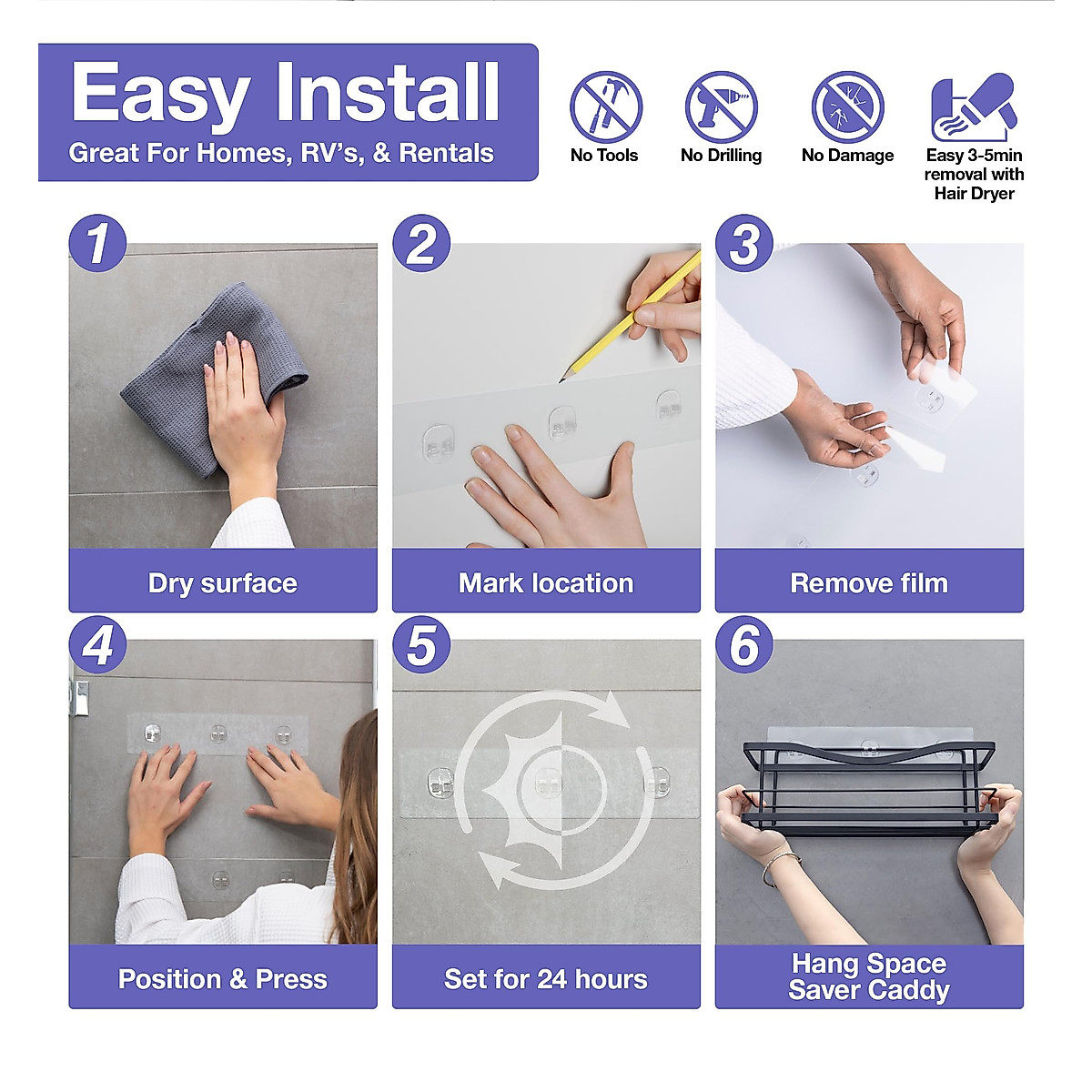 KINCMAX Shower Caddy Bathroom Shelf, No Drilling Traceless Adhesive Bathroom Storage Organizer, SUS304 Rustproof Food Storage Basket, 2-in-1 Kitchen Spice Racks-2 Pack (Matte Black)