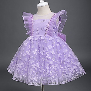 Infant Baby Flower Girls Dress Flutter Ruffle Bowknot Tutu Dress Christening Baptism Gown Toddler Little Princess Pageant Wedding First Communion Birthday Party Beaded Tulle Dress Purple 6-12 Months