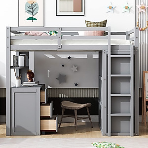 Harper & Bright Designs Twin Size Loft Bed Solid Wooden Loft Bed Frame with Drawers,Desk,and Wardrobe & Safety Guardrail for Kids, Boys and Girls,Teens, No Box Spring Needed (Grey)
