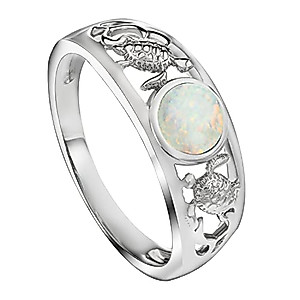 Sterling Silver Opal Two Sea Turtles Tapered Wedding Ring Eternity Band for Women, Hawaiian Island Tropical Ocean Jewelry Gemstone, Gift Box Included (White Opal, 8)