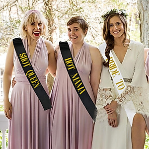 Bachelorette Sash Set (12 pcs) - Bride to Be Sash Bachelorette Party Decorations - Unique Bride and Bridesmaid Sashes for Bachelorette party (Black, Gold letters). Ideal Bridal Shower Supplies