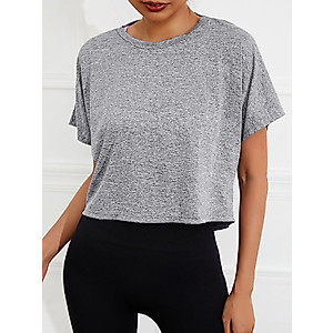 COZYEASE Women's Backless Short Sleeve Sports Tee Round Neck Solid Casual Yoga Workout Tee Tops Grey M-CEZWJ1215 -CEHYN20240923