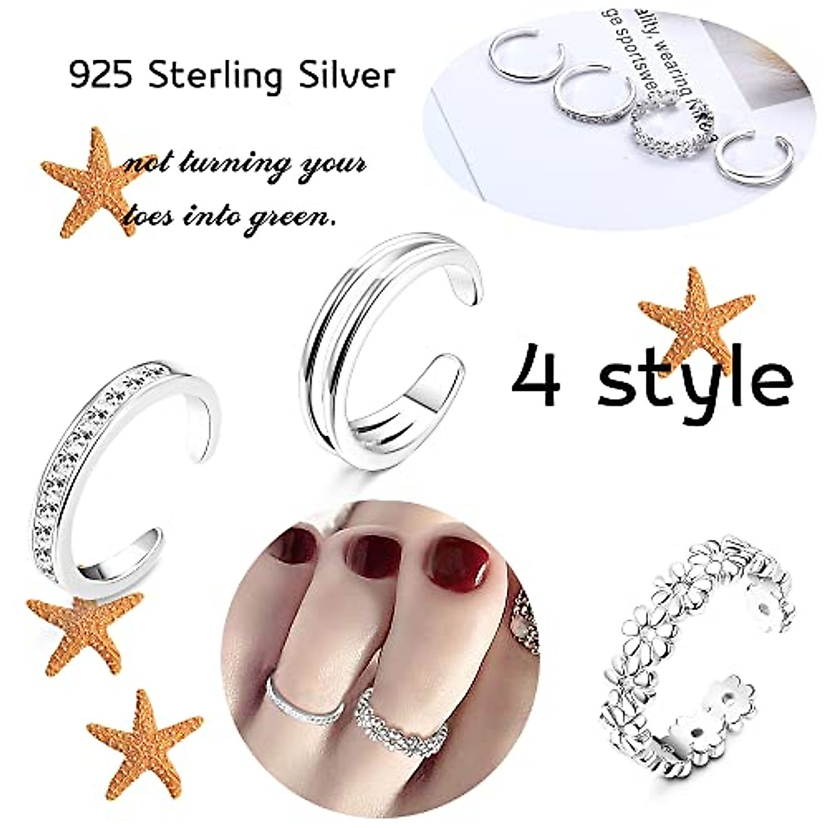 ADRAMATA 4 Pcs 925 Sterling Silver Toe Rings for Women Open Adjustable Band Rings Jewelry Set