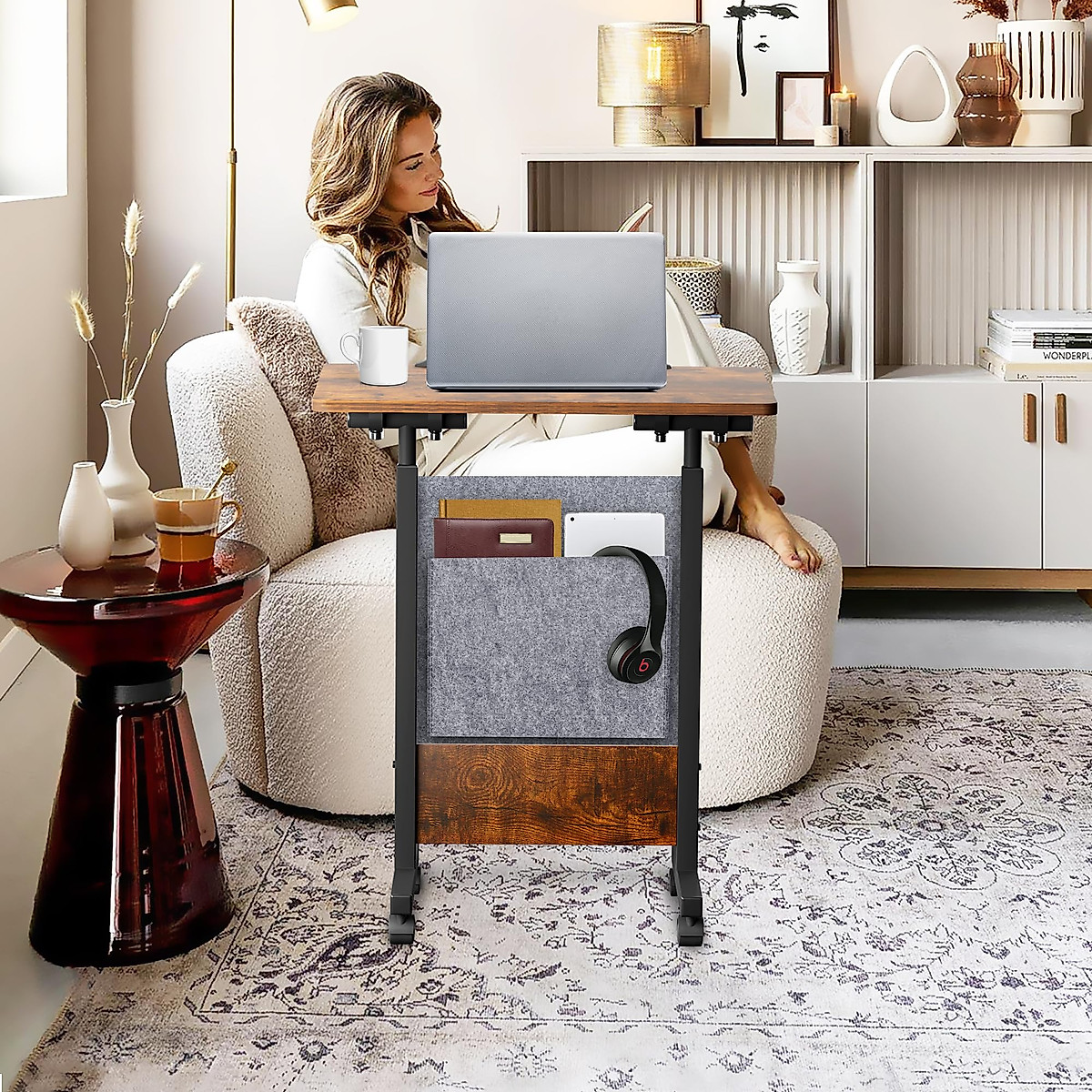 KOUPA Height Adjustable Standing Desk with Storage Bag 16 x 24 in, Portable Rolling Mobile Stand Up Table with Wheels, 360° Flip Laptop Computer Desk for Home Office, Rustic Brown