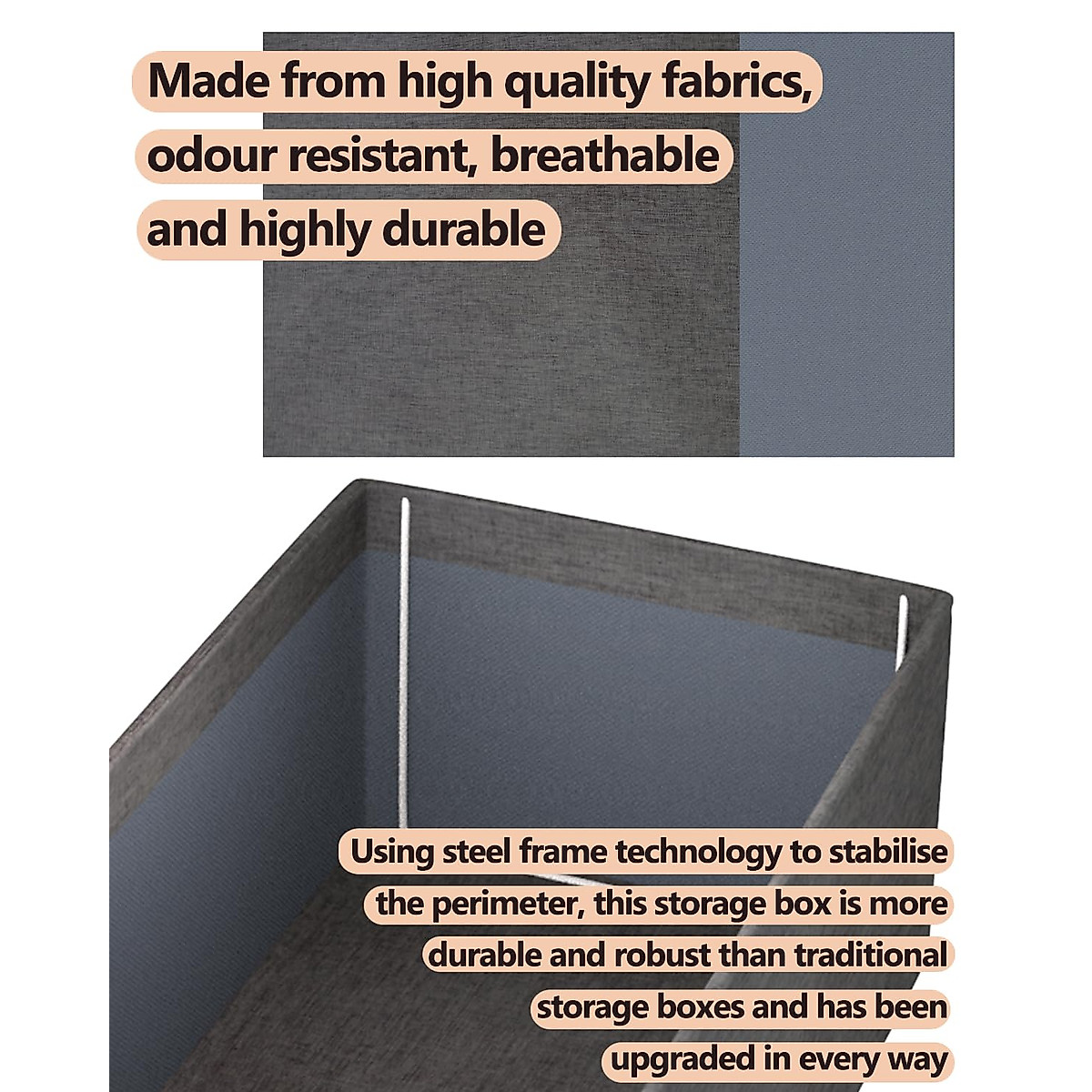 organizer box metal frame storage bins, rectangle storage baskets for closet.collapsible fabric storage baskets with handles.Stackable wardrobe storage boxes for clothes toys,grey-3 Pcs