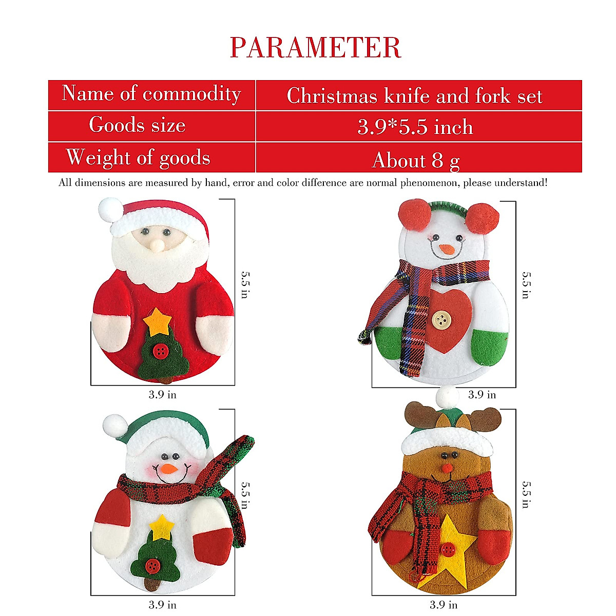 Andiker 8 Pcs Christmas Silverware Holder, Snowman and Elk Tableware Holder Cutlery Bag Pouch, Cute Fork Knife Spoon Covers for Holiday Party Table Decorations