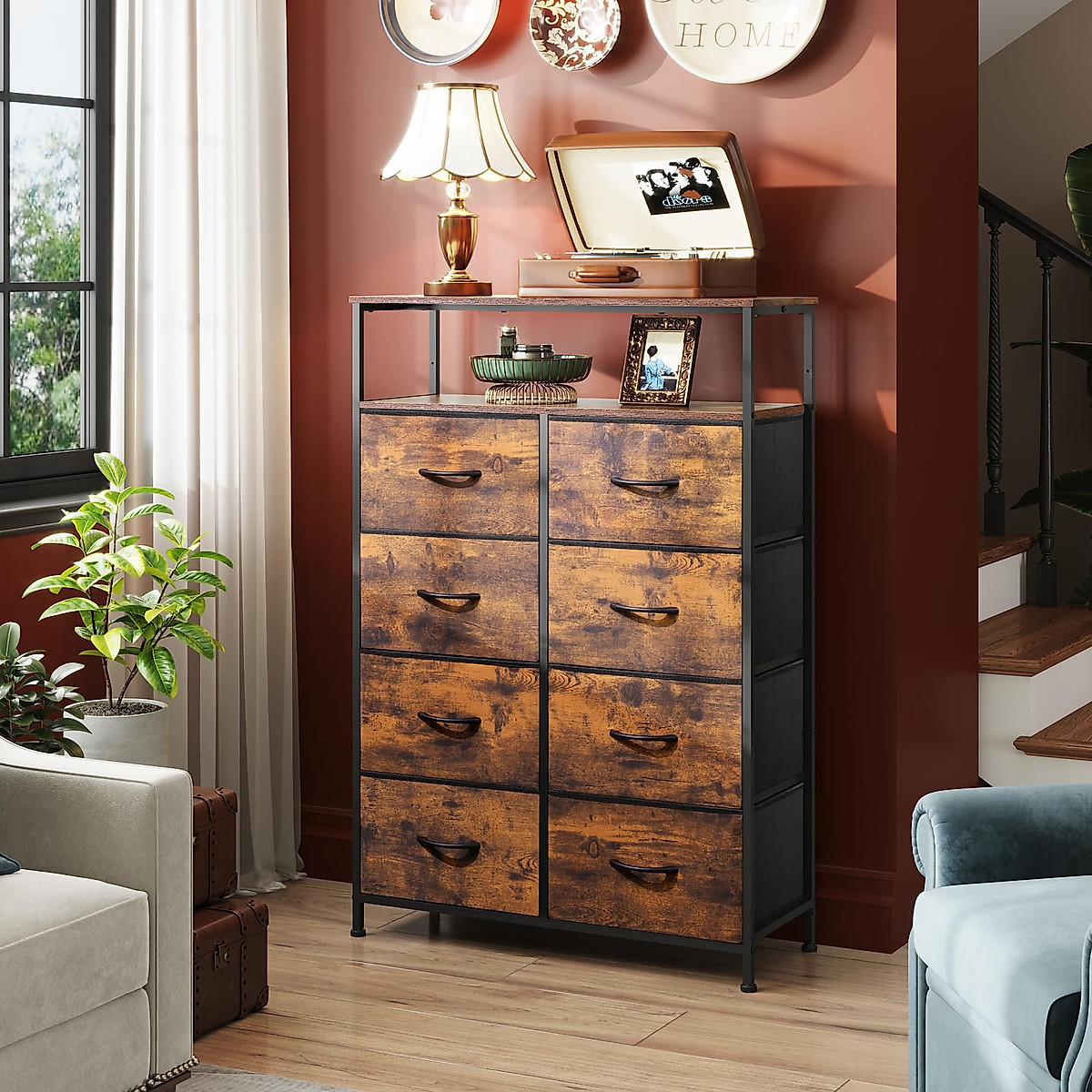 WLIVE Fabric Dresser for Bedroom with Open Shelves, Tall Dresser with 8 Drawers, Storage Tower with Fabric Bins, Chest of Drawers for Closet, Hallway, Rustic Brown Wood Grain Print
