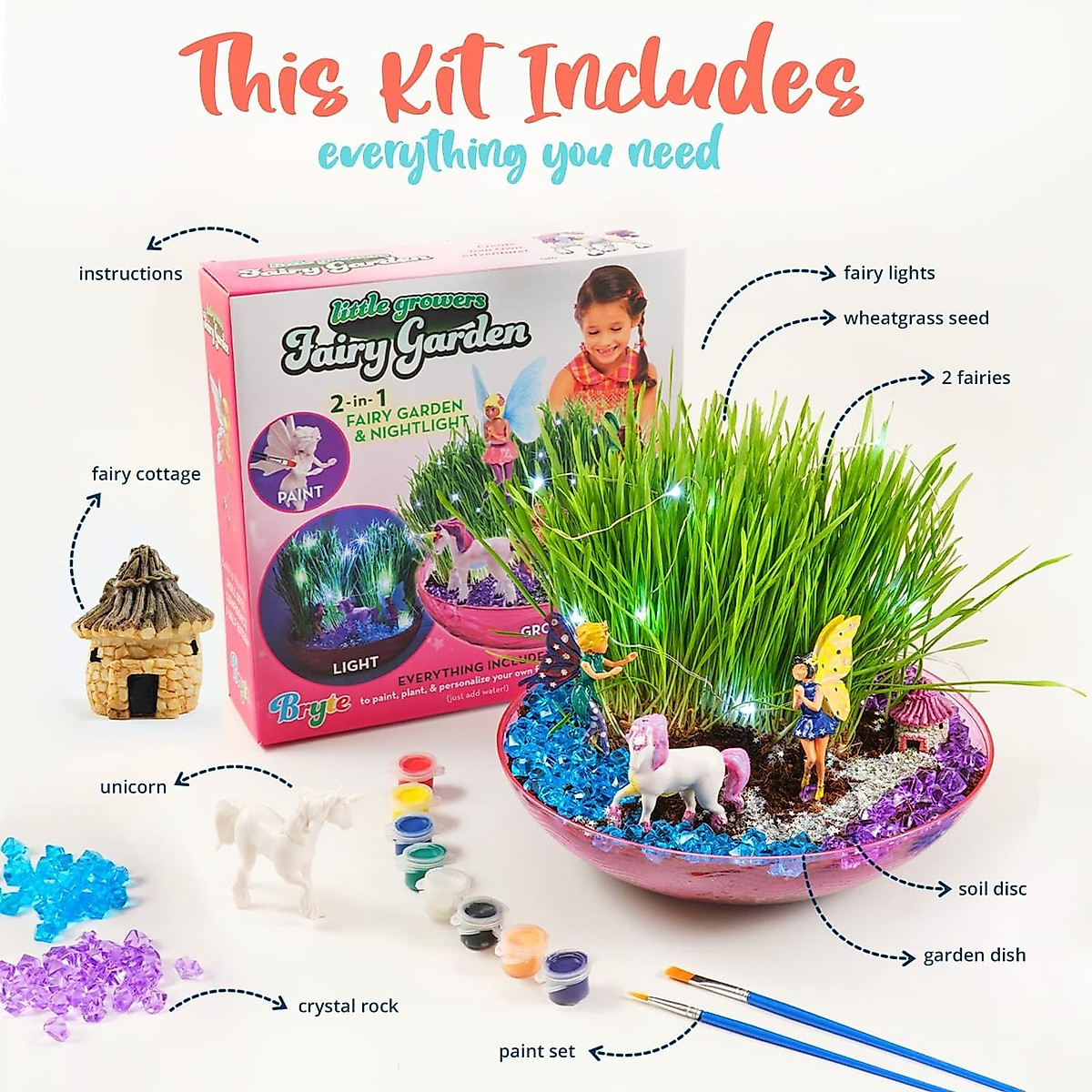 Bryte All-Inclusive Unicorn Fairy Garden Kit with LED Lights, Paint Set, Crystal Rock, Grow Your Own Garden & Play, Birthday Gift, DIY Science Kit, STEM Arts and Crafts Toys for Boys Girls Aged 4-12