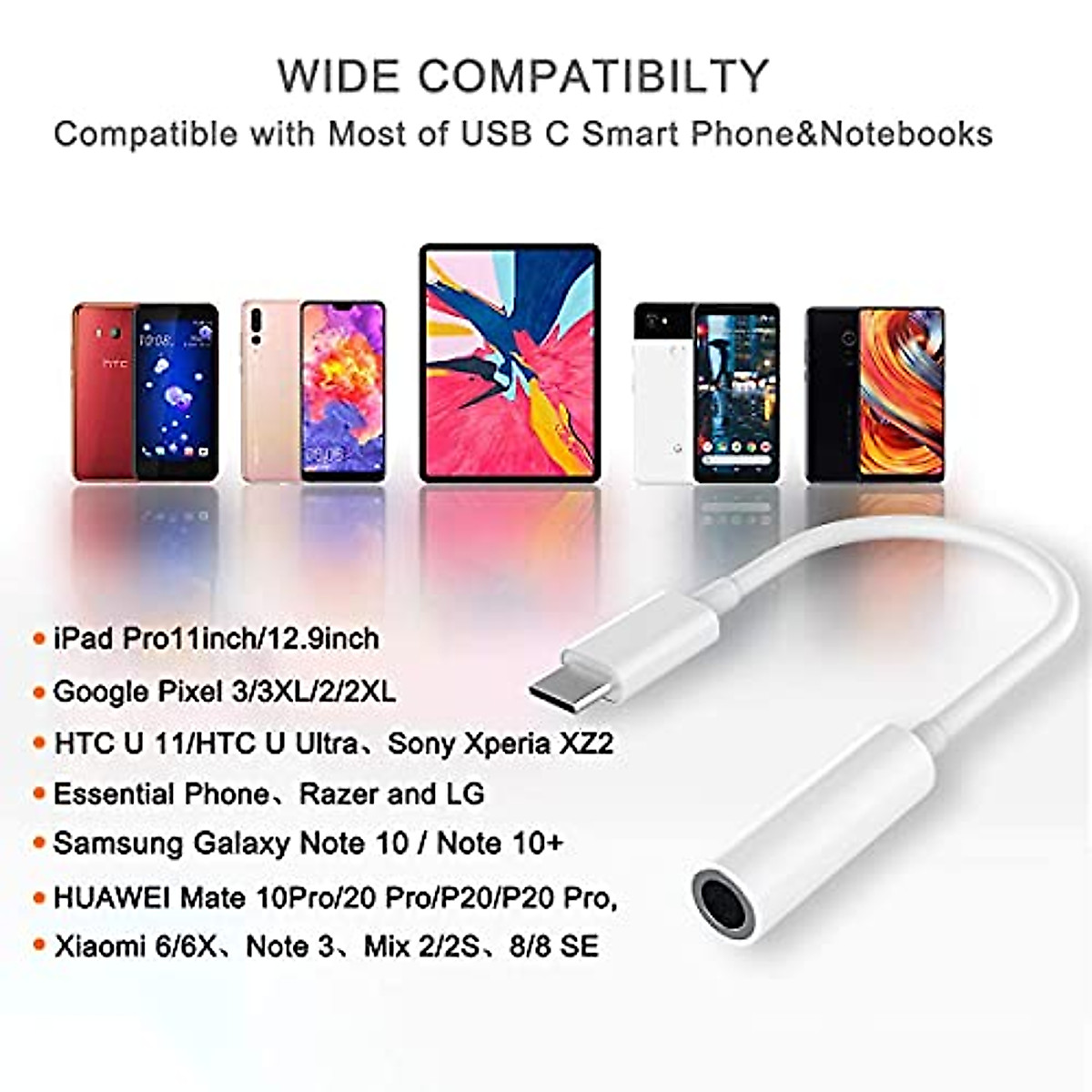USB Type C to 3.5mm Headphone Jack Adapter,USB Type C Aux 3.5mm Earphone Audio Jack Splitter for Google Pixel 6/5/4,Samsung Galaxy,HTC U11,Huawei P30-(White)