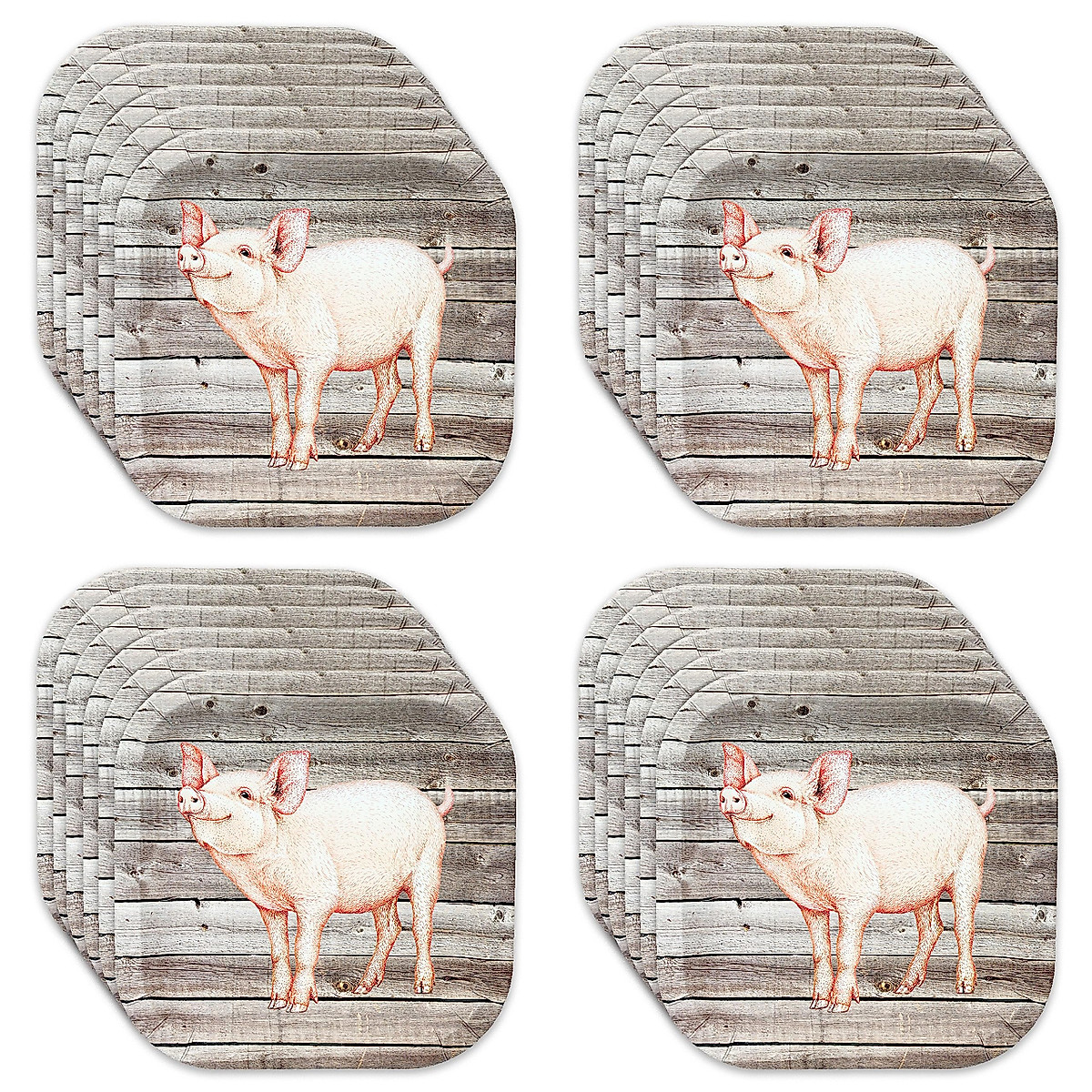 Havercamp Pig 9” Plates on Barnwood (24 pcs.)! Authentic and Cute Pig on a Rustic Barnwood Background. 24 Lg. 9 in. Square Dinner Plates. Pair with the Farm Table Collection!