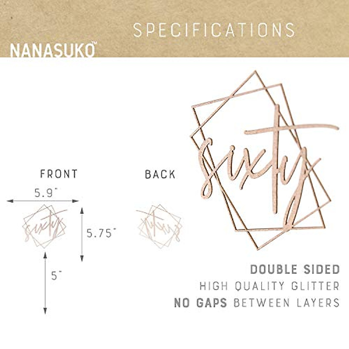 NANASUKO 60th Birthday Cake Topper - sixty - with Modern Geometric Frame - Double Sided Rose Gold Glitter - Premium Quality Made in USA