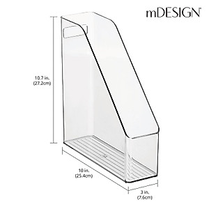 mDesign Plastic Slim Vertical File Folder Bin Storage Organizer with Handle - Hold Notebooks, Binders, Envelopes, Magazines for Home Office, Work Desktops, Ligne Collection, Clear