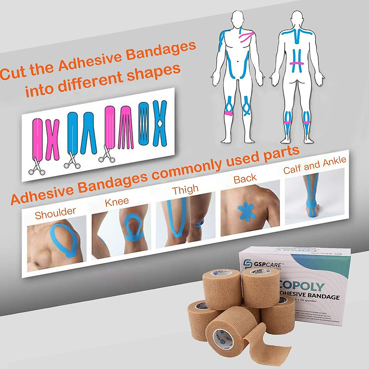 Self Adherent Cohesive Bandages Wrap 6 Count 2" x 5 Yards, Medical Tape, Adhesive Flexible Breathable First Aid Non Woven Rolls, Stretch Athletic, Ankle Sprains & Swelling, Sports