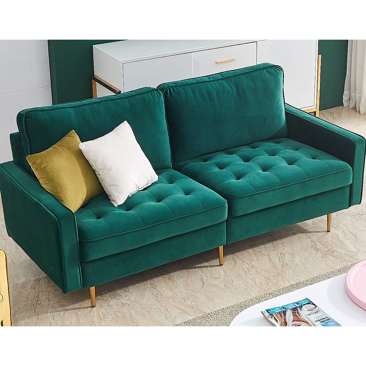 Danxee Velvet Fabric Sofa Couch 71" Wide Mid Century Modern Tufted Fabric Sofa Living Room Sofa 700lb Heavy Duty with 2 Pillows (Emerald)