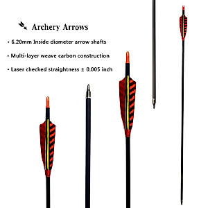 Letszhu Hunting Archery Carbon Arrow, Target Practice Arrow 500 Spine Fletched 4 inch Real Feathers with Field Points for Compound Recurve Longbow (Pack of 6) (29 inch)